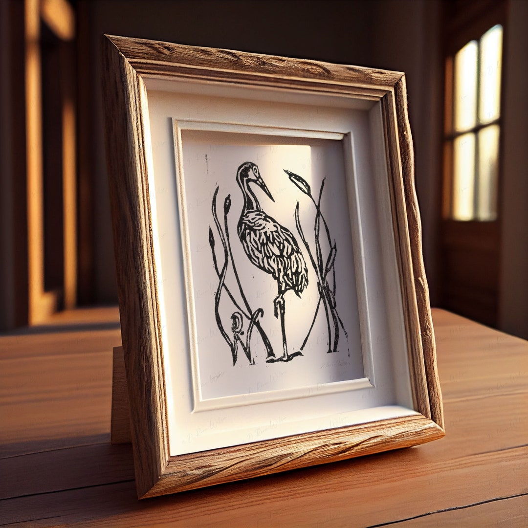 Linocut Print Nature Sandhill Crane Cattails Original Wildlife Art Lino ...