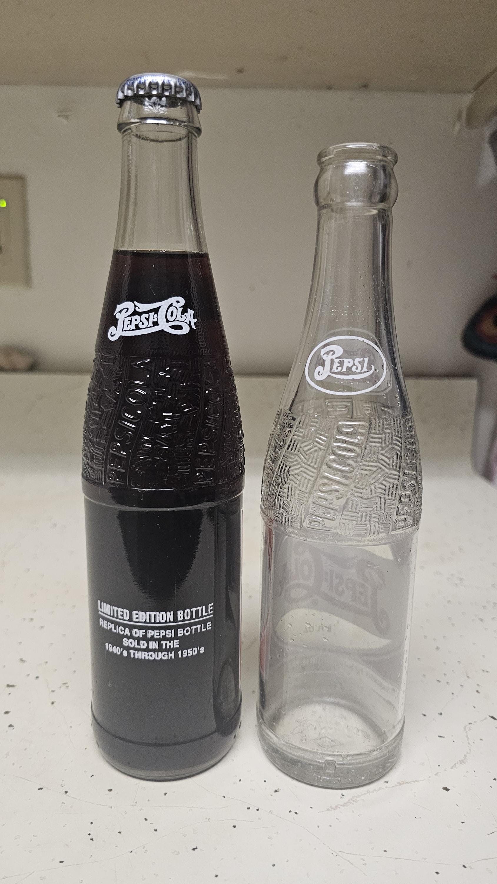 Vintage 1940s Pepsi-cola Bottle (8oz, Empty) + Modern 12oz Reproduction ...