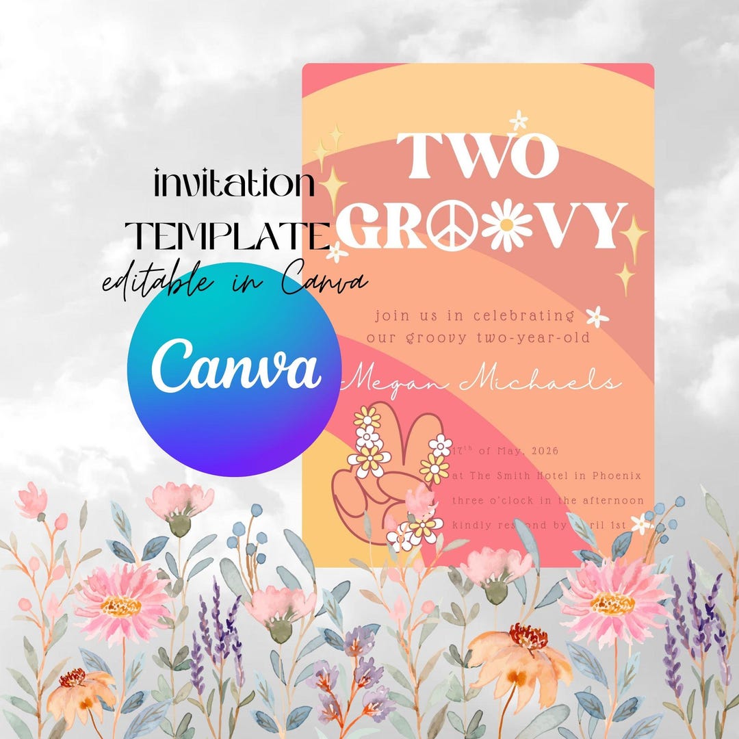 Two Groovy Invitation | Birthday Invitation | Editable CANVA Template ...