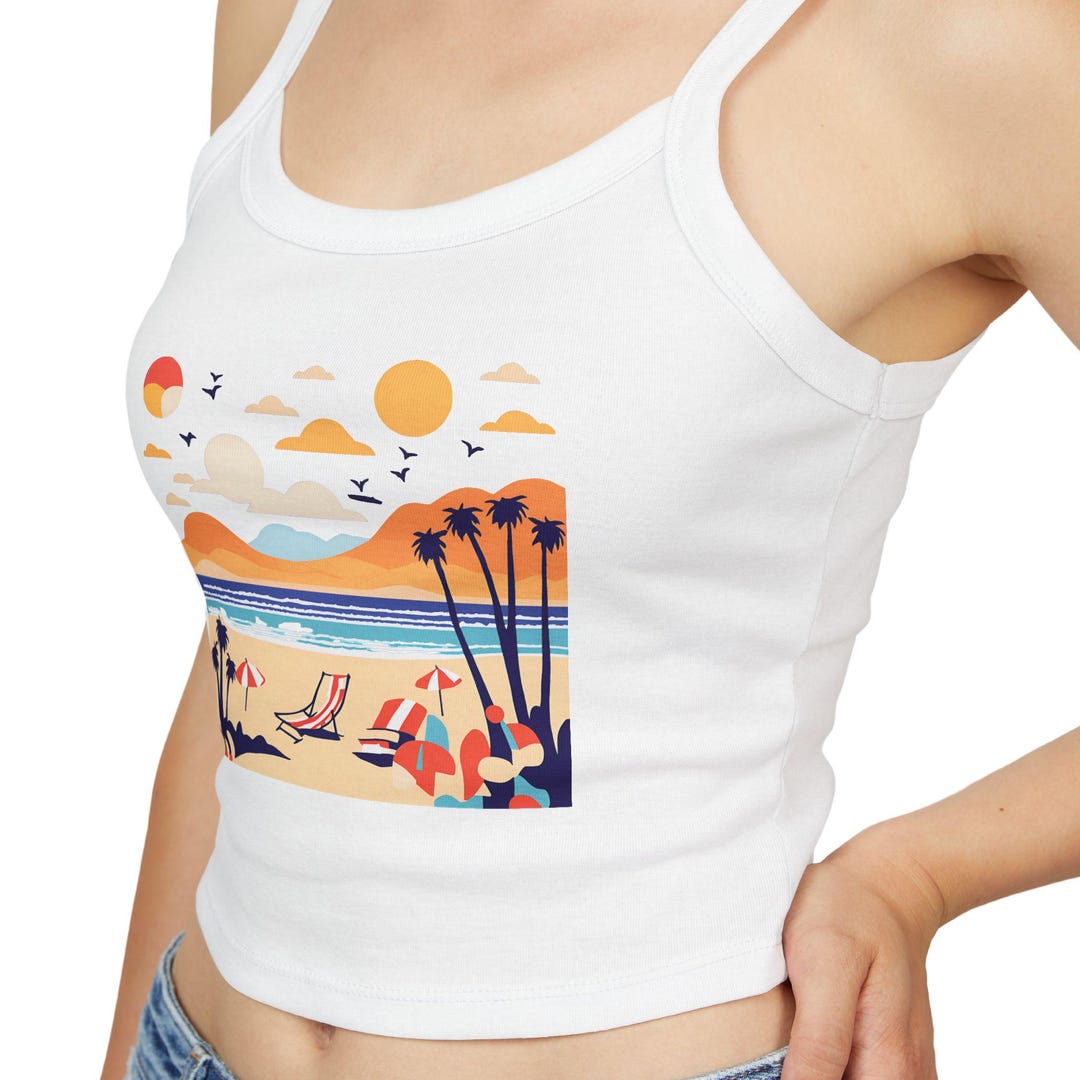 Retro Beach Scene Women's Spaghetti Strap Tank Top, Summer Crop Top ...