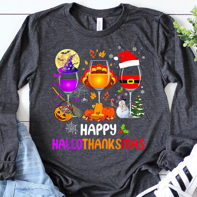 Happy Hallothanksmas Wine Sweatshirt, Funny Gnome Sweatshirt, Cute ...