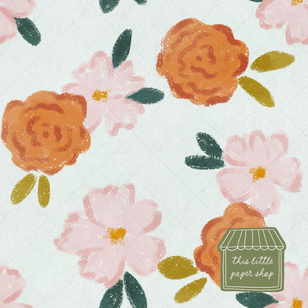 Bright Peach Pink Floral Seamless Pattern, 12”x12” 300 DPI PNG, Gouache ...