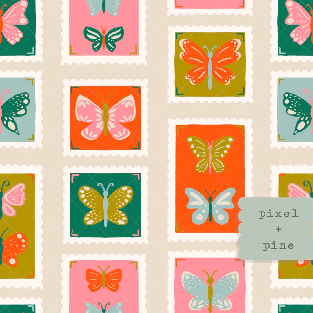 Butterfly Postage Stamps Seamless Pattern | 12x12” PNG Digital Download ...