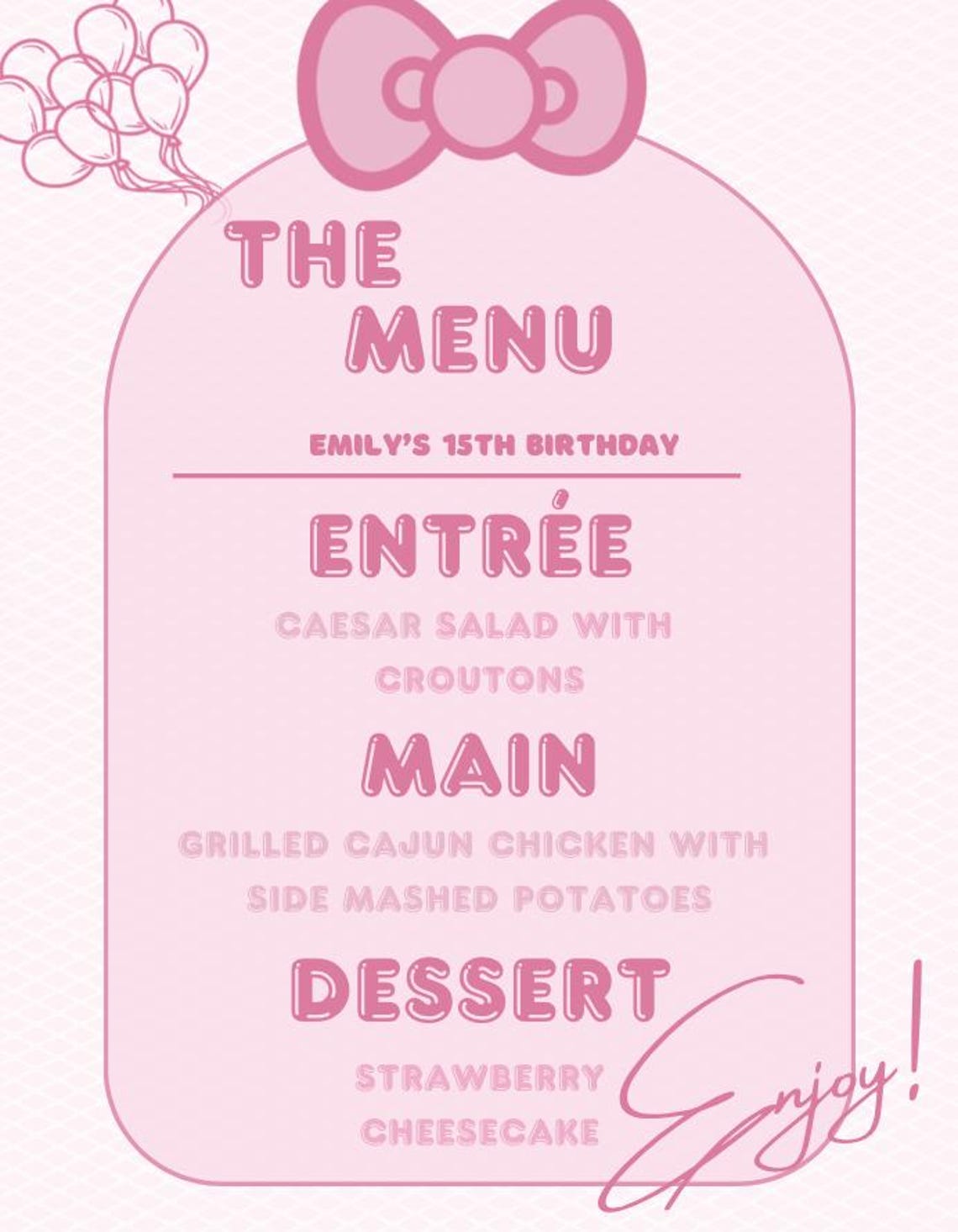 Editable Pink Kitty Birthday Food Menu | Customizable | Kids/teen ...