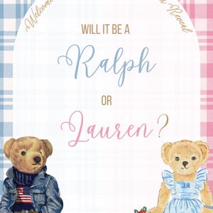 Editable Polo Bear Gender Reveal Boy or Girl Plaid Welcome Sign | Ralph ...