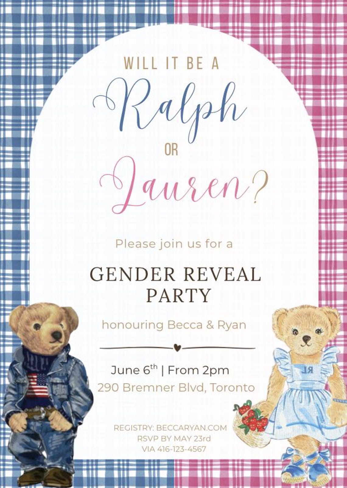 Editable Polo Bear Gender Reveal Boy or Girl Plaid Invitation | Ralph ...