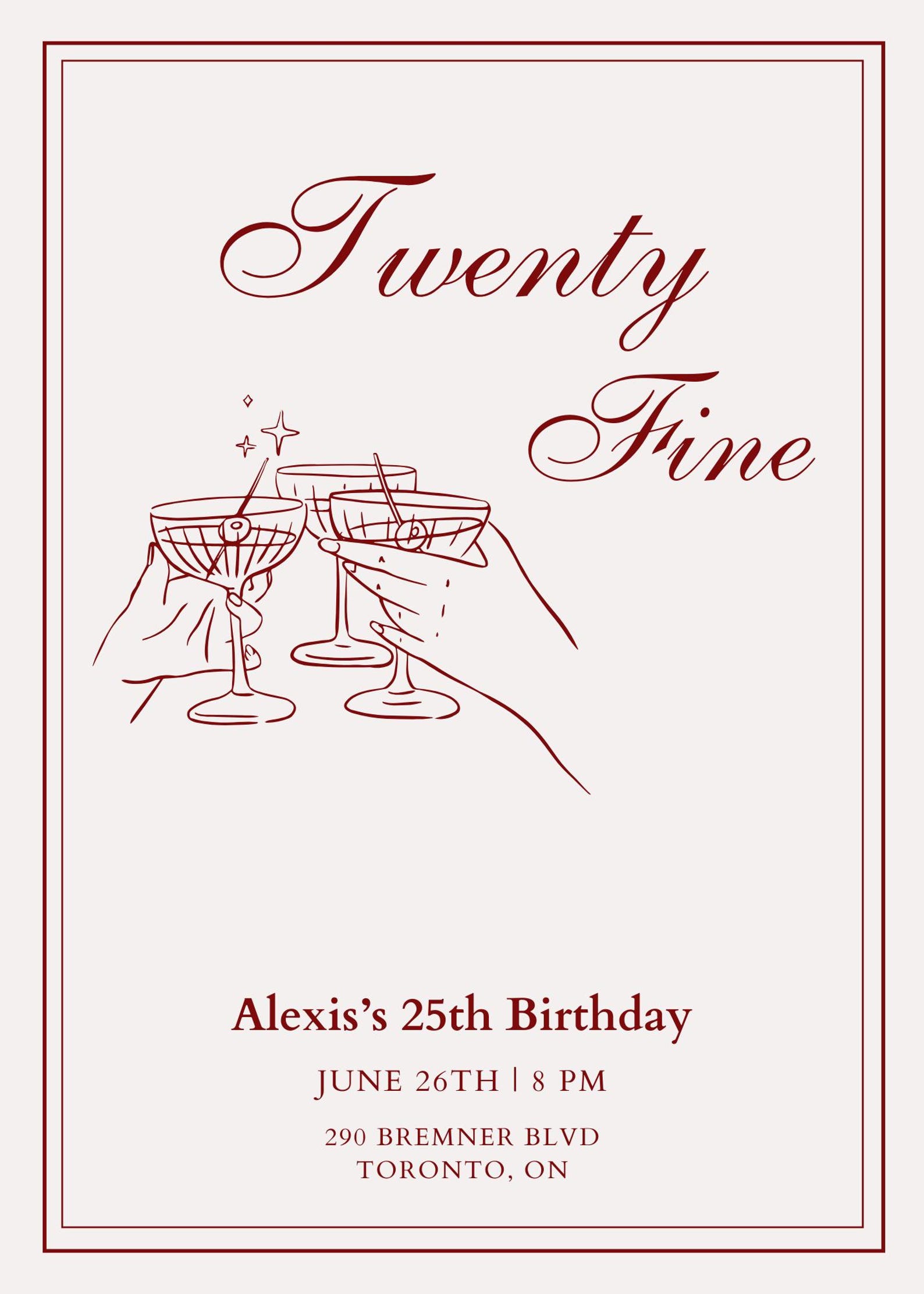 Editable 25th (twenty Fine) Birthday Invitation - Burgundy Monochrome Invite - Cheers - Etsy