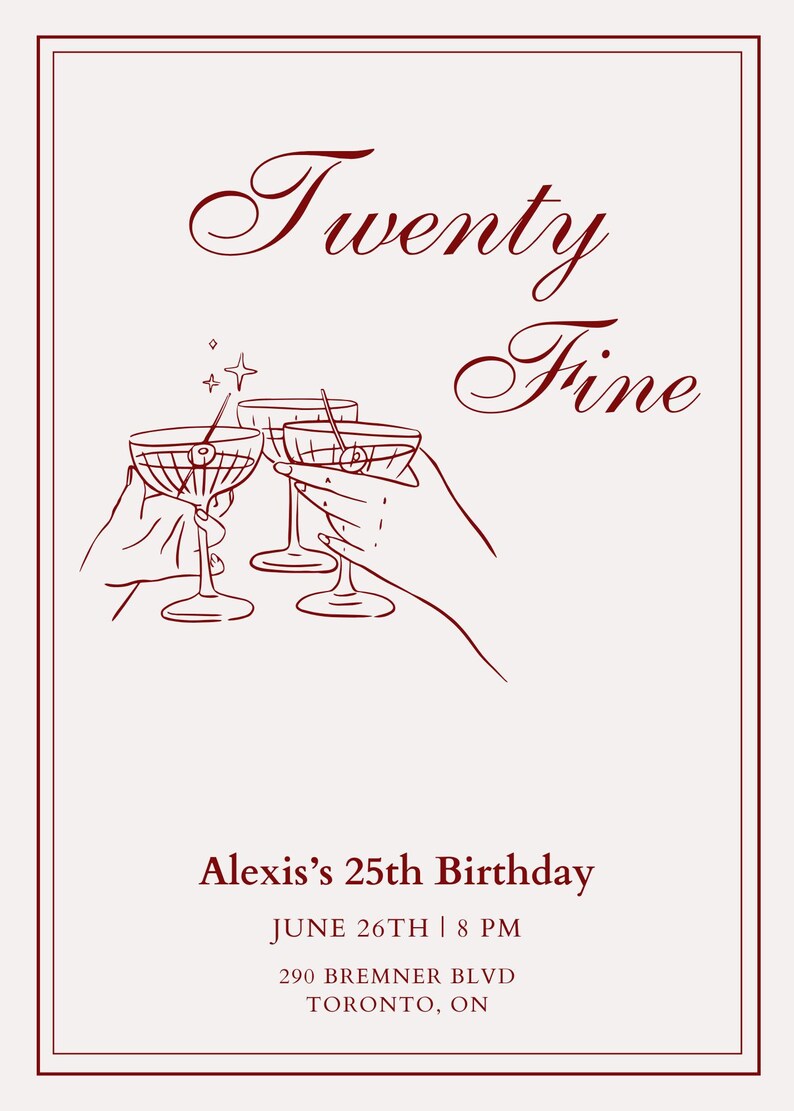 Editable 25th (twenty Fine) Birthday Invitation - Burgundy Monochrome ...