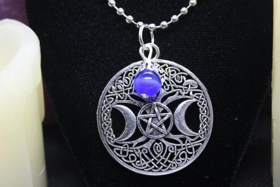 Blue Cats Eye Tree of Life Triple Moon Goddess Necklace Crystal Witch ...