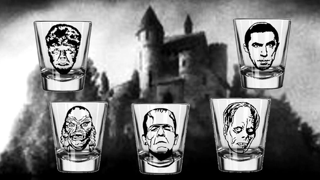 5 Set of Classic Universal Monster Shot Glass Barware Horror True Crime ...