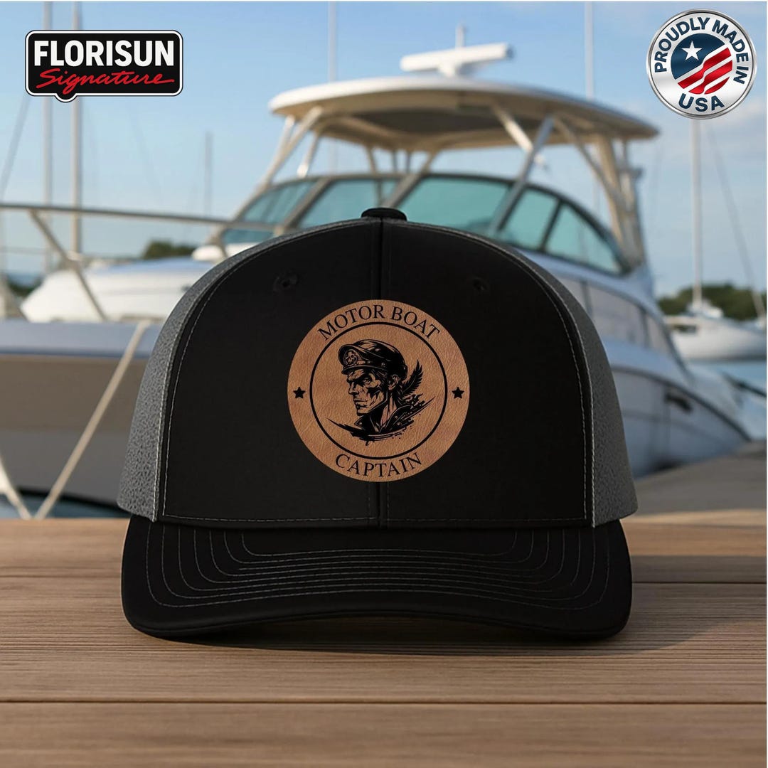 Motor Boat Captain Trucker Hat, Leather Patch Boat Hat, Laser Engraved ...