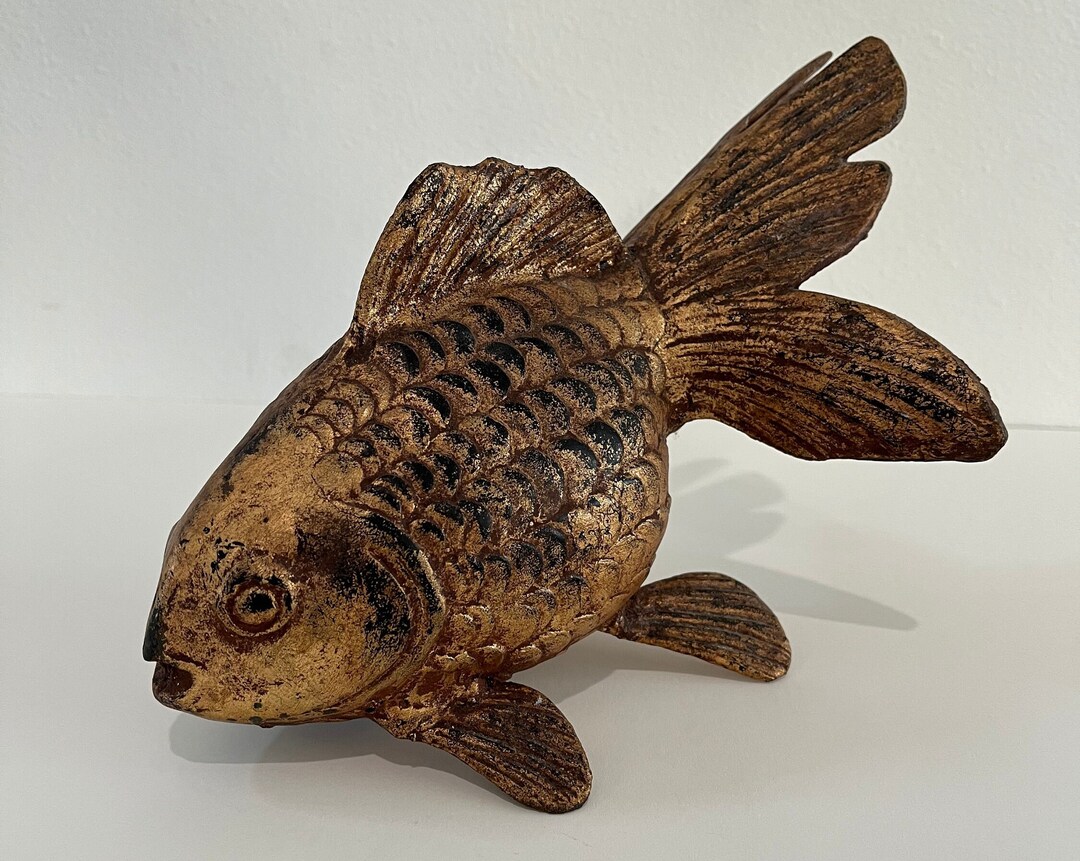 Large Vintage Mid Century Modern Iron Gold Patina Gold Fish Sculpture ...