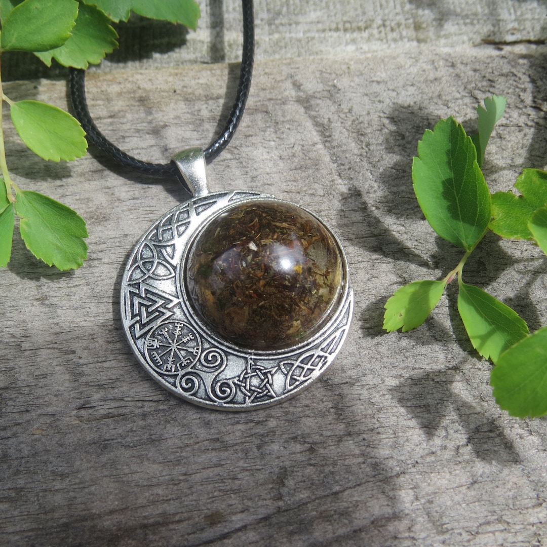 Crescent Moon and Motherwort Amulet, Witch's Protection Amulet Pendant ...