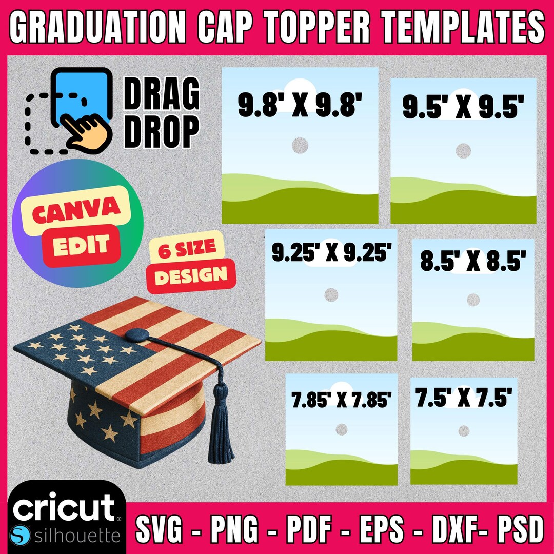 6 Size Graduation Cap Template Svg, Graduation Hat Template, Blank ...