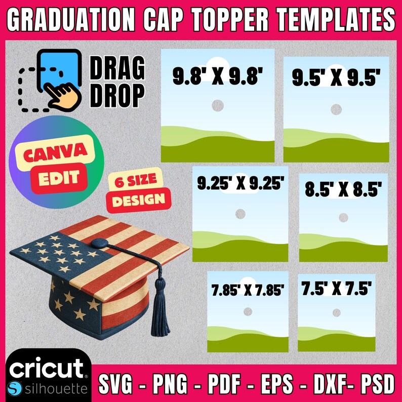 6 Size Graduation Cap Template Svg, Graduation Hat Template, Blank ...
