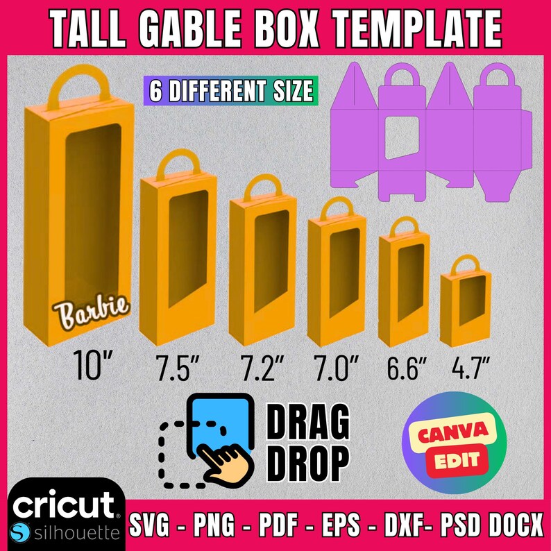 6 Size Tall Box Template BUNDLE, Tall Box Svg, Box With Handle Template ...