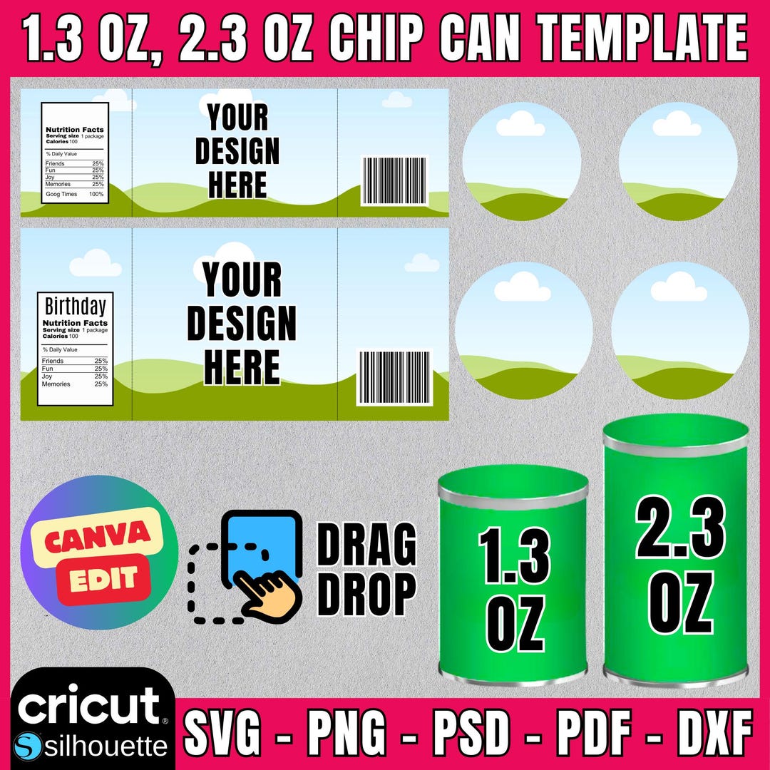 1.3oz - 2.3oz Chip Can Template Bundle, Chip Can Label Template, Potato ...