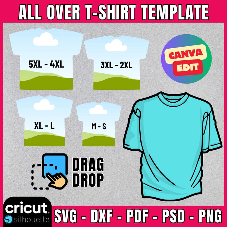 All Over T-shirt Template, 9 Size Tshirt Template Bundle, T-shirt ...
