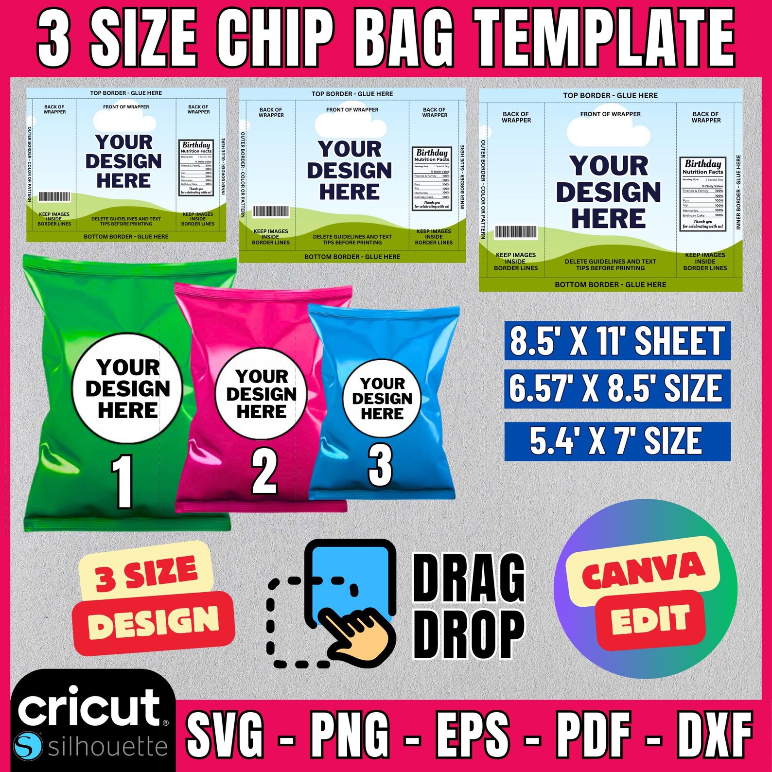 3 Size Chip Bag Template, Blank Chip Bag, Chip Bag Label, Party Chip ...