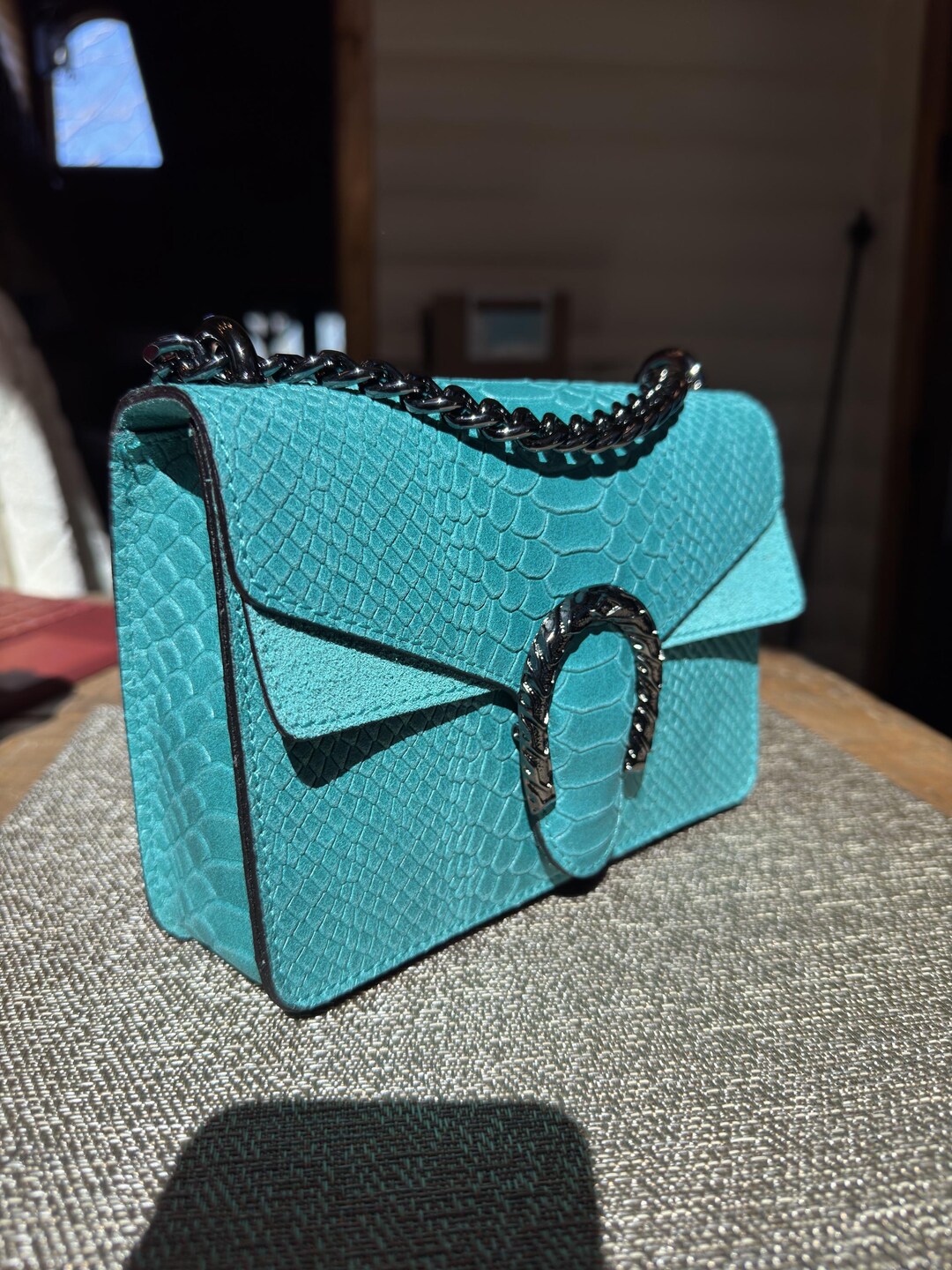 Turquoise Python Print Leather Crossbody Bag: Chain Strap Handbag - Etsy