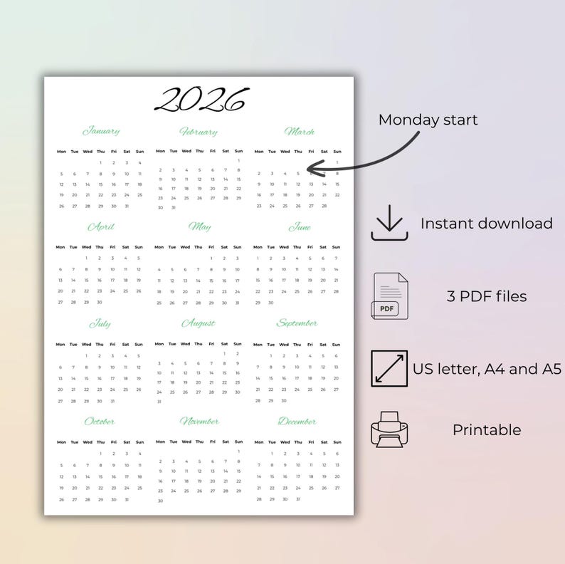 Kalender 2026 zum Ausdrucken | Minimalistische einseitige Wandkunst ...