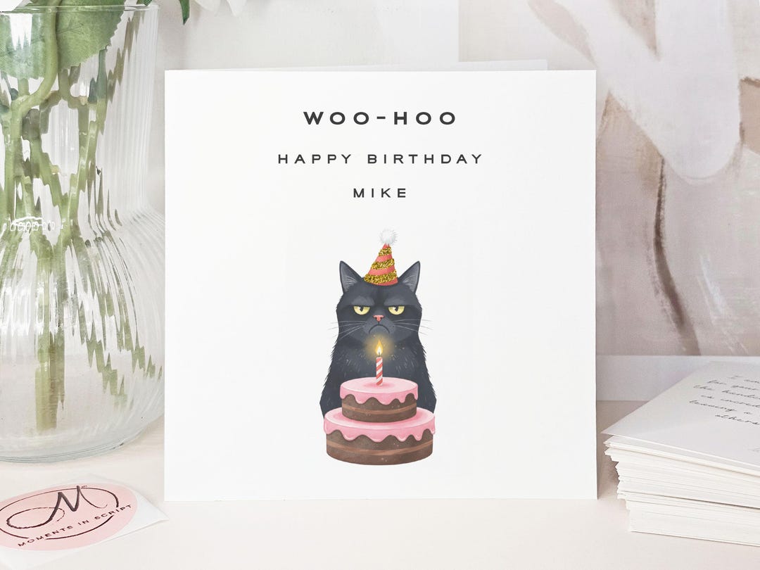 Personalised Grumpy Cat 'woo-hoo' Birthday Card: Stripey Gold Glitter ...
