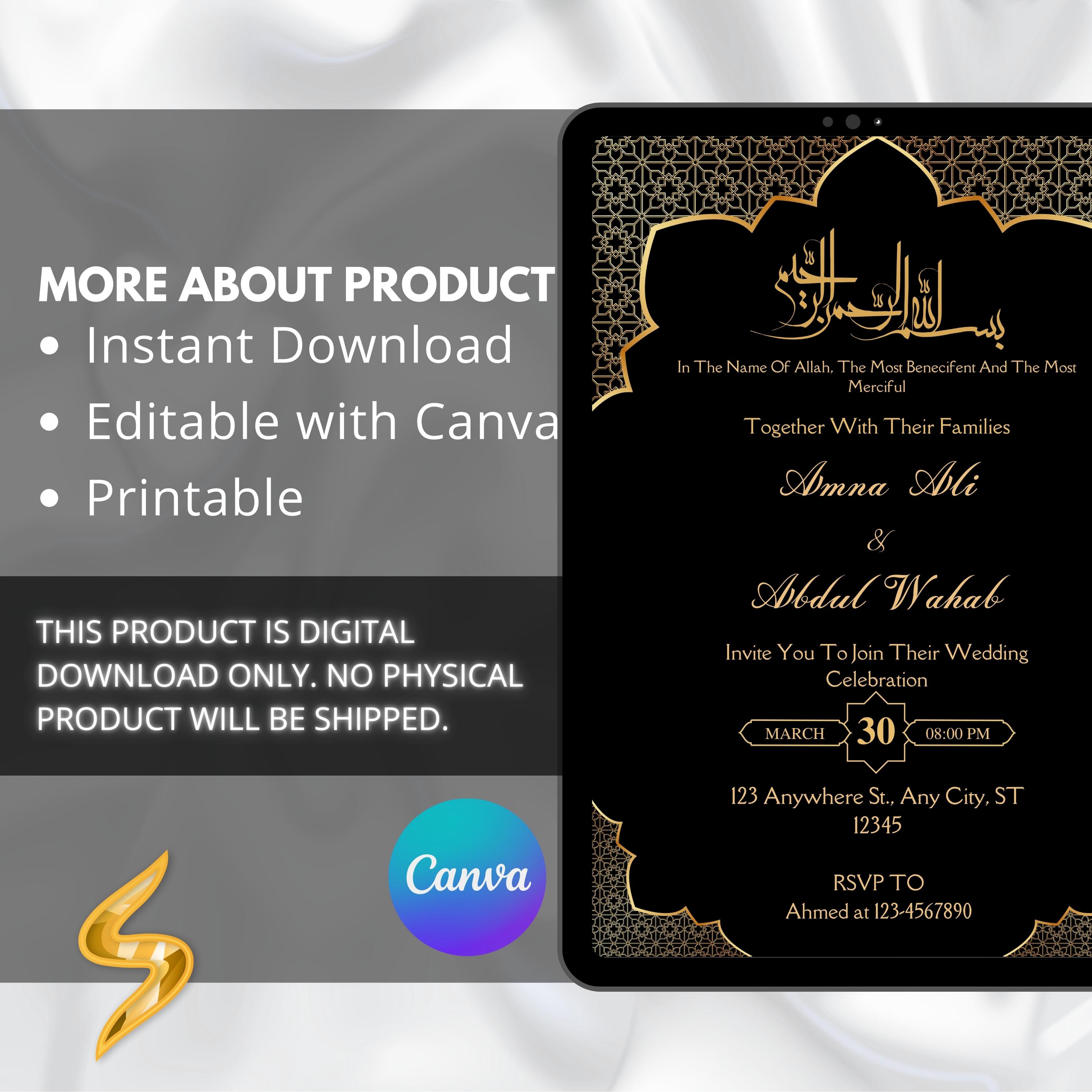 Muslim Wedding Invitation Nikkah Invitation Black Gold Theme Invite ...