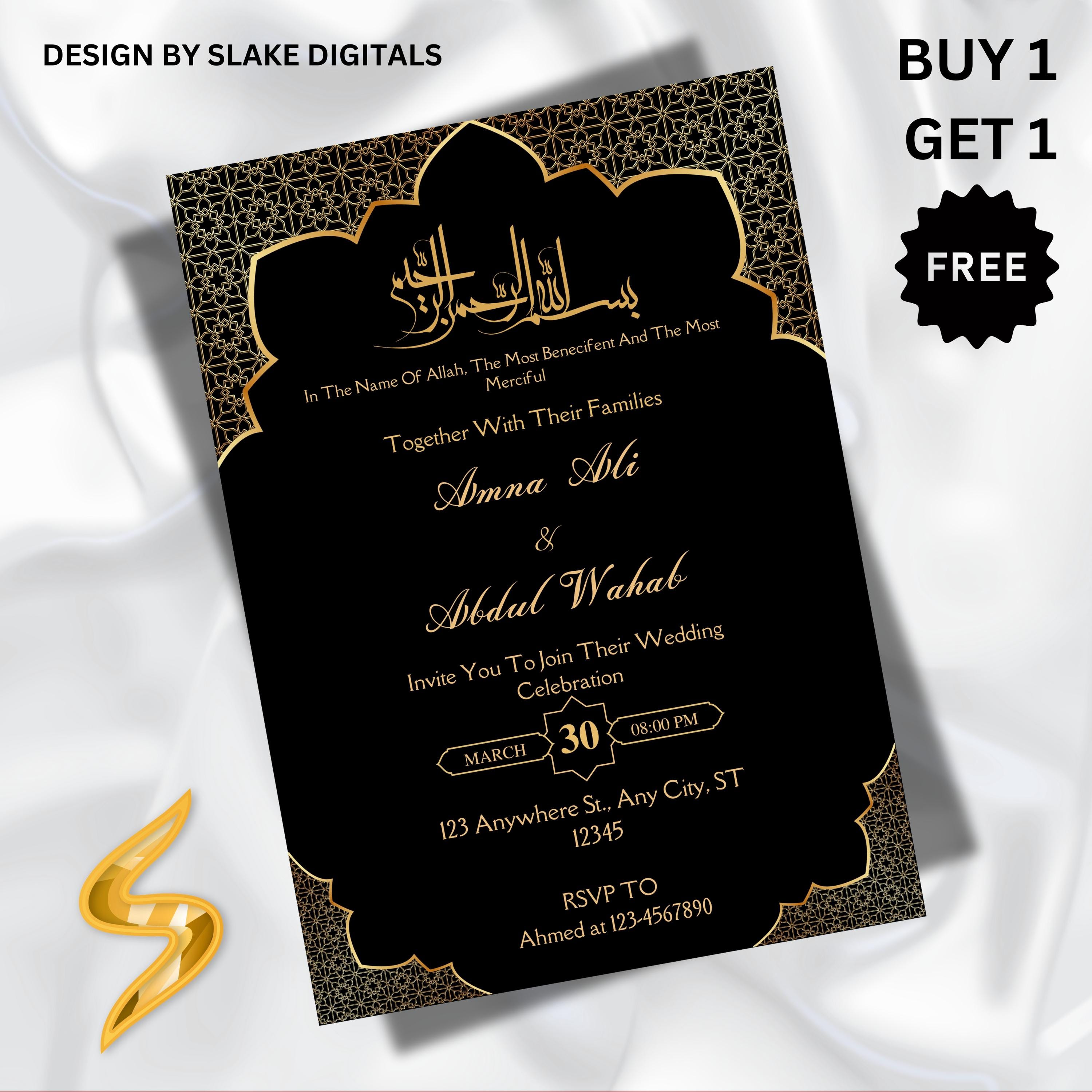 Muslim Wedding Invitation Nikkah Invitation Black Gold Theme Invite ...