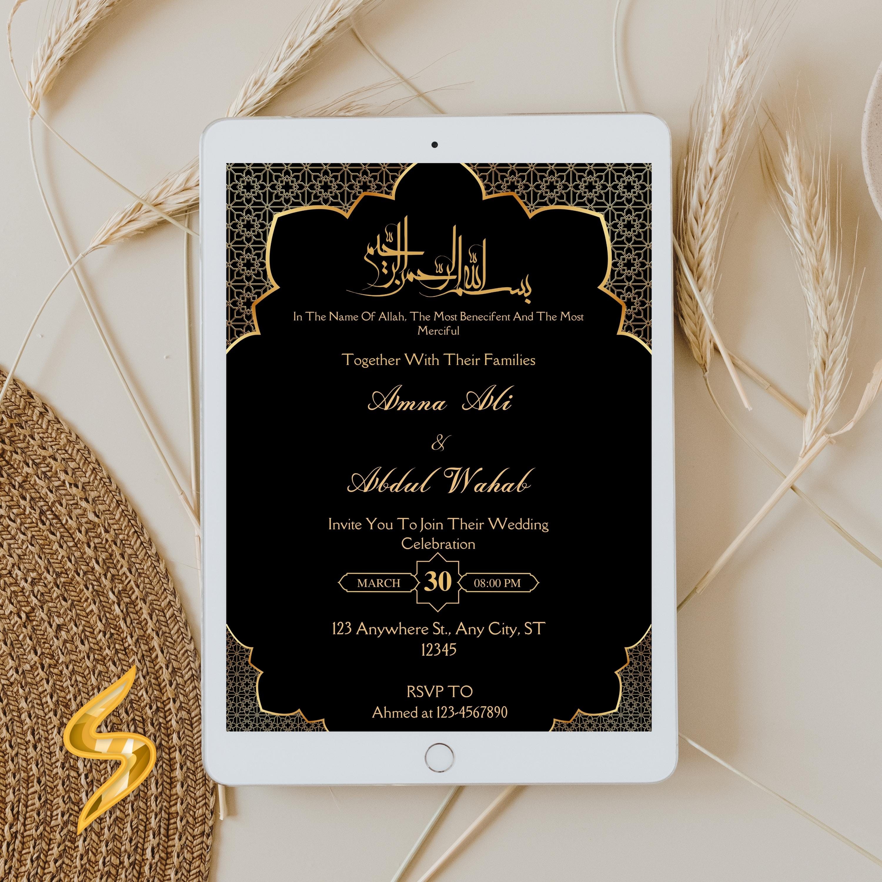 Muslim Wedding Invitation Nikkah Invitation Black Gold Theme Invite ...