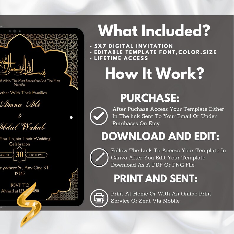 Muslim Wedding Invitation Nikkah Invitation Black Gold Theme Invite ...