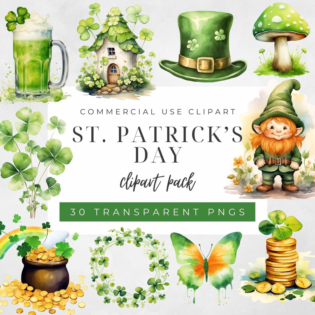 St Patricks Day Clipart Watercolor DIGITAL Download Leprechaun 4 Leaf ...