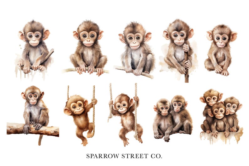Watercolor Monkey Clipart Cute Baby Jungle Animals Printable Wall Art ...