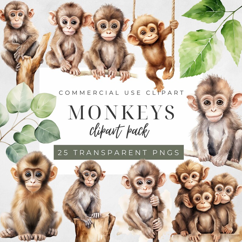 Watercolor Monkey Clipart Cute Baby Jungle Animals Printable Wall Art ...