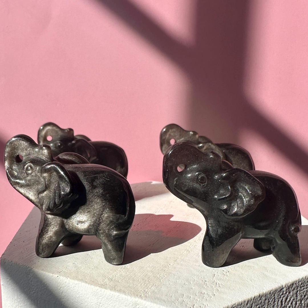 Flashy Silver Sheen Obsidian Elephant Carvings, Mini Carvings, Crystal ...