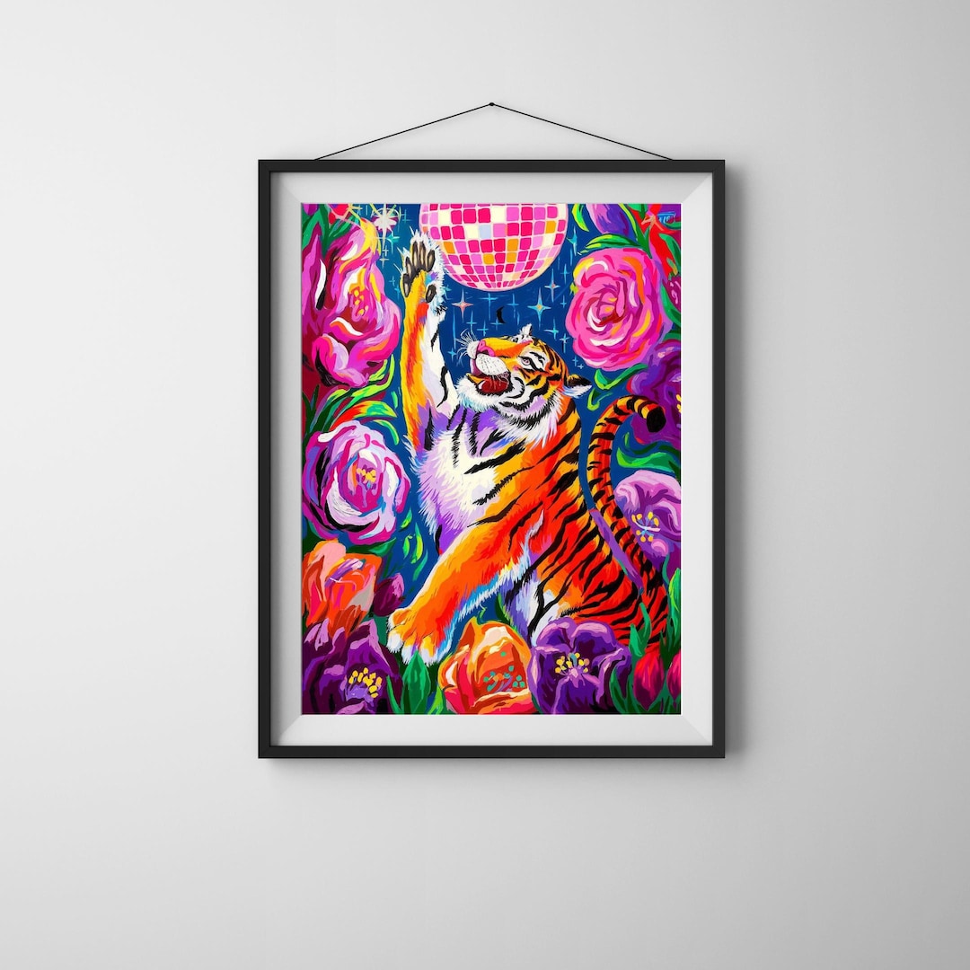 Colorful Disco Tiger Digital Wall Art Print With Neon Jungle Flowers ...