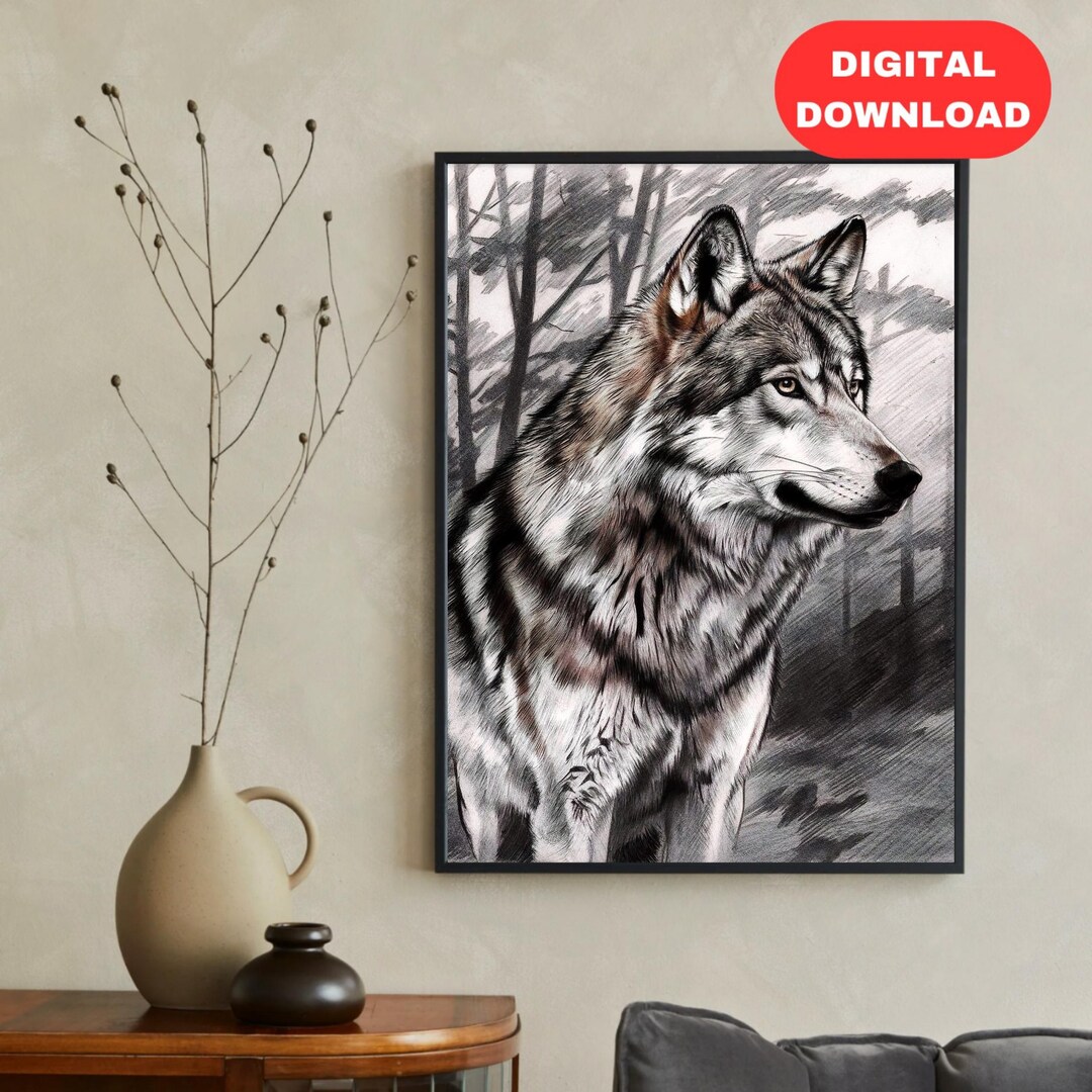 Majestic Wolf Digital Wall Art, Black and White Wildlife Sketch ...