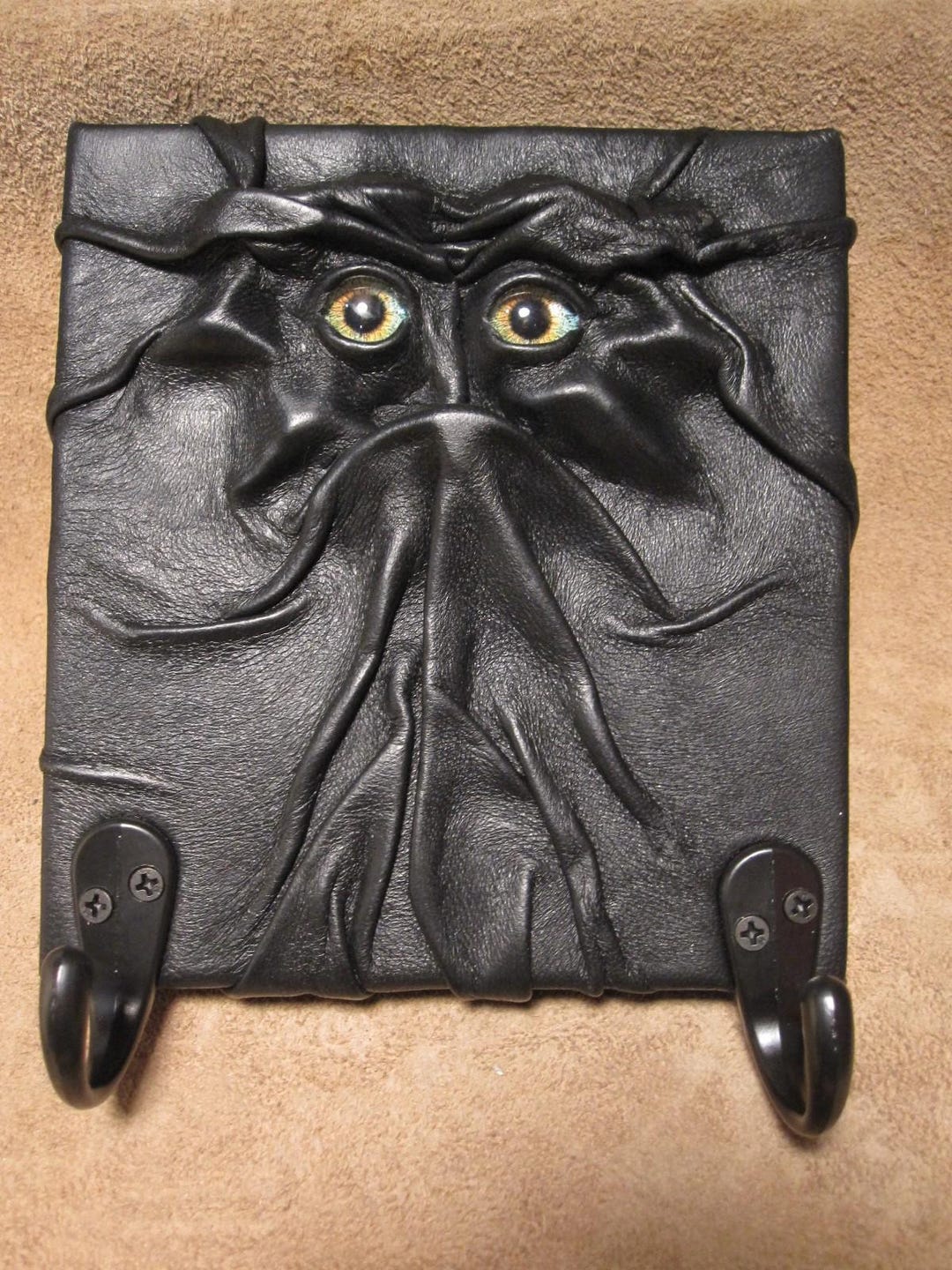 Grichels Leather Wall Hook Black With Sage Green and Yellow Eyes - Etsy