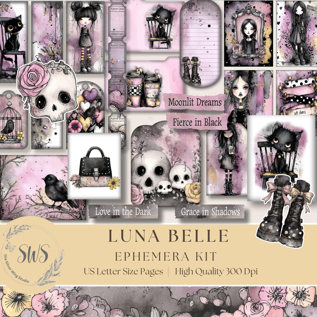 Luna Belle Gothic Whimsical Girl Ephemera Kit: Goth Junk Journal ...