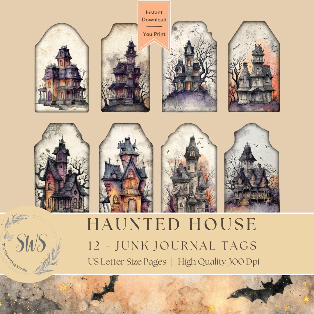 Haunted House Tags: Halloween Junk Journal Tags (digital Download) - Etsy