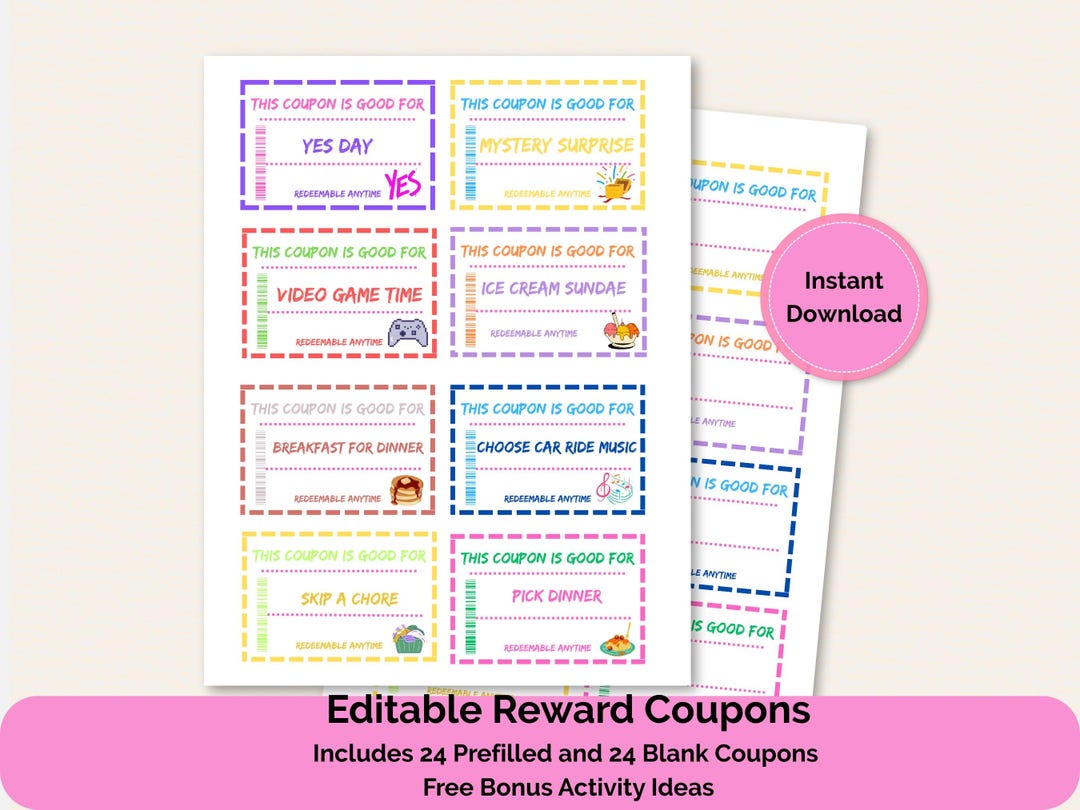 Colorful Kids Reward Coupons Pack - Behavior Incentive Cards | Editable ...