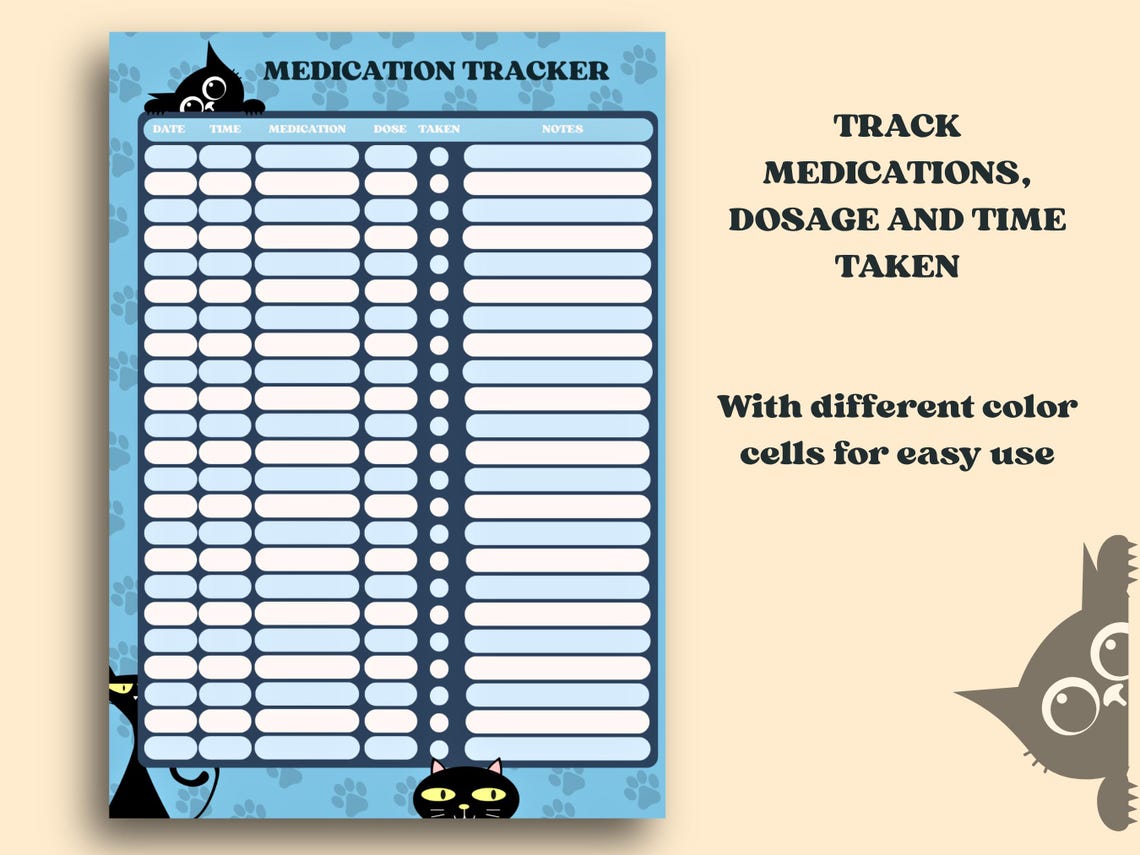 Cat-themed Medication Tracker Printable: Daily Medical Log (A4, A5, US ...