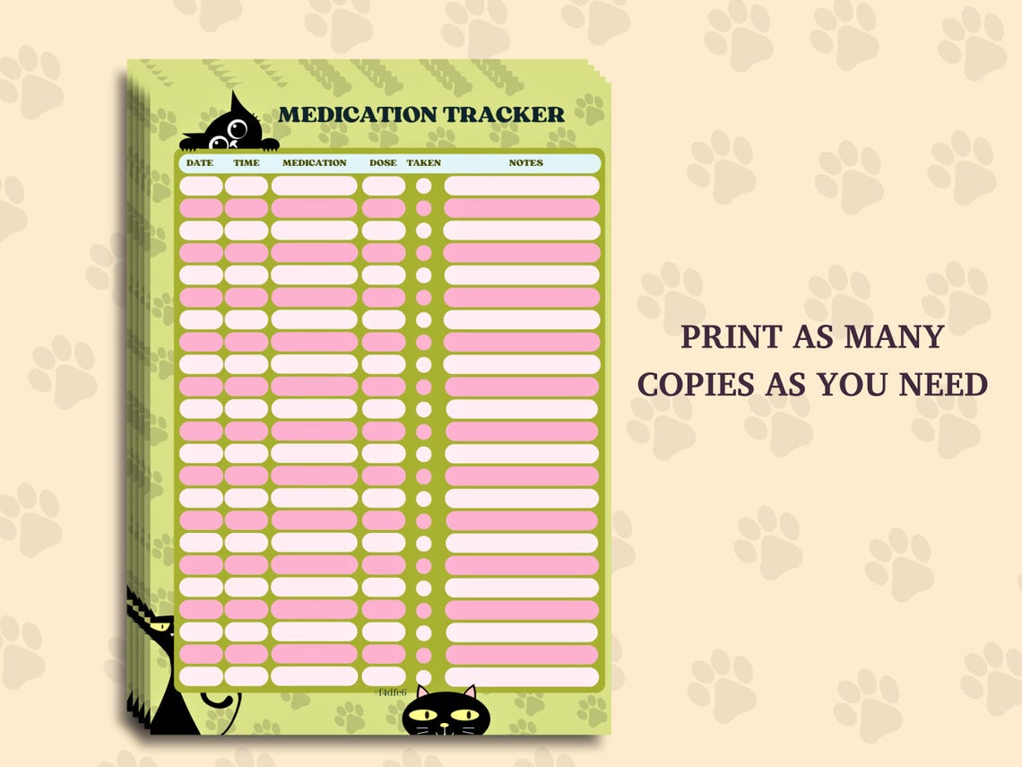 Cat-themed Medication Tracker Printable: Daily Medical Log (A4, A5, US ...