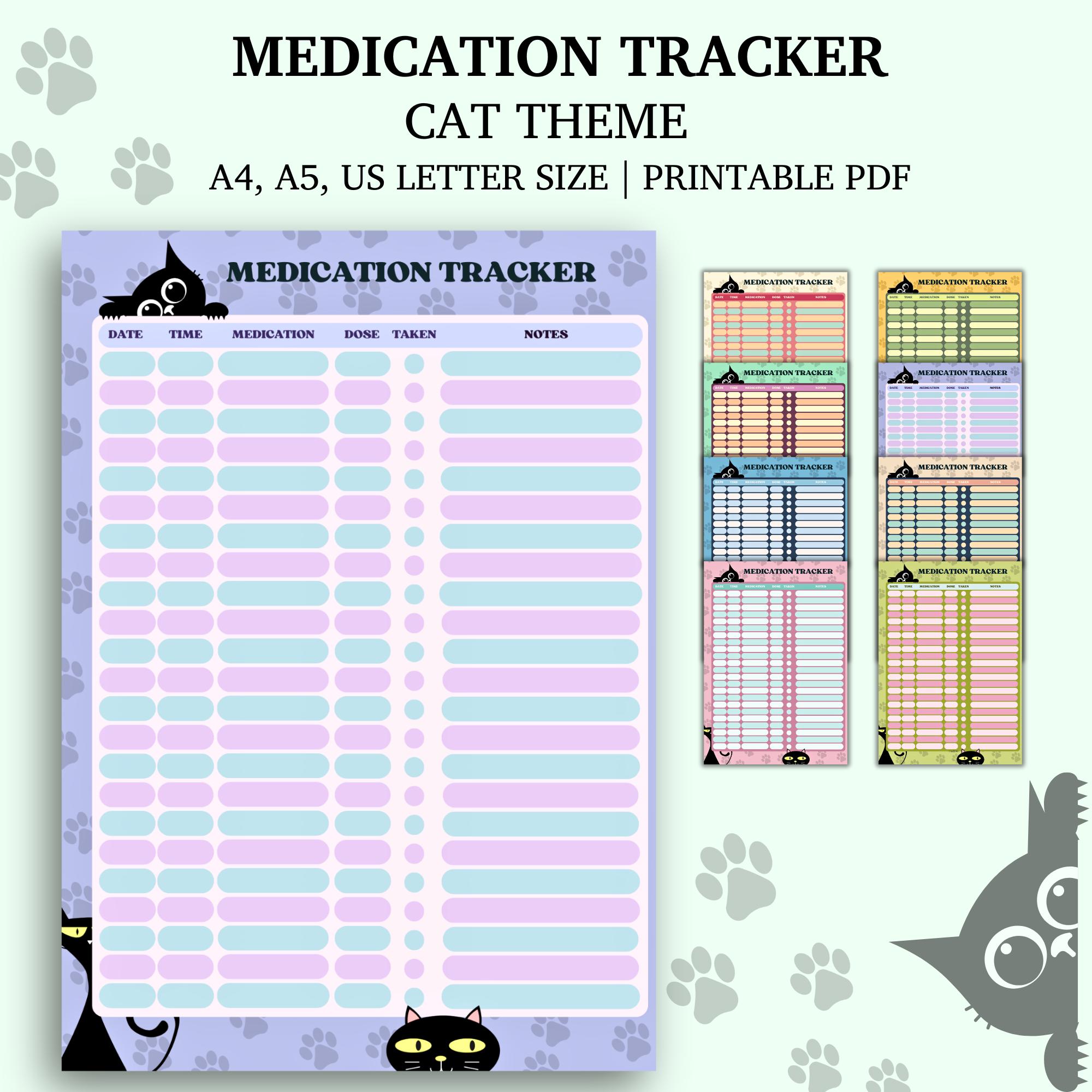 Cat-themed Medication Tracker Printable: Daily Medical Log (A4, A5, US ...