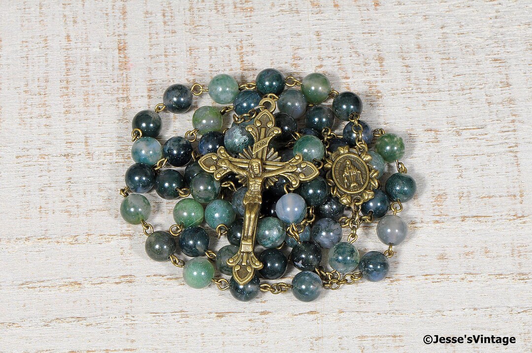 Moss Agate Catholic Rosary: Bronze, Green & White Natural Stone Beads ...