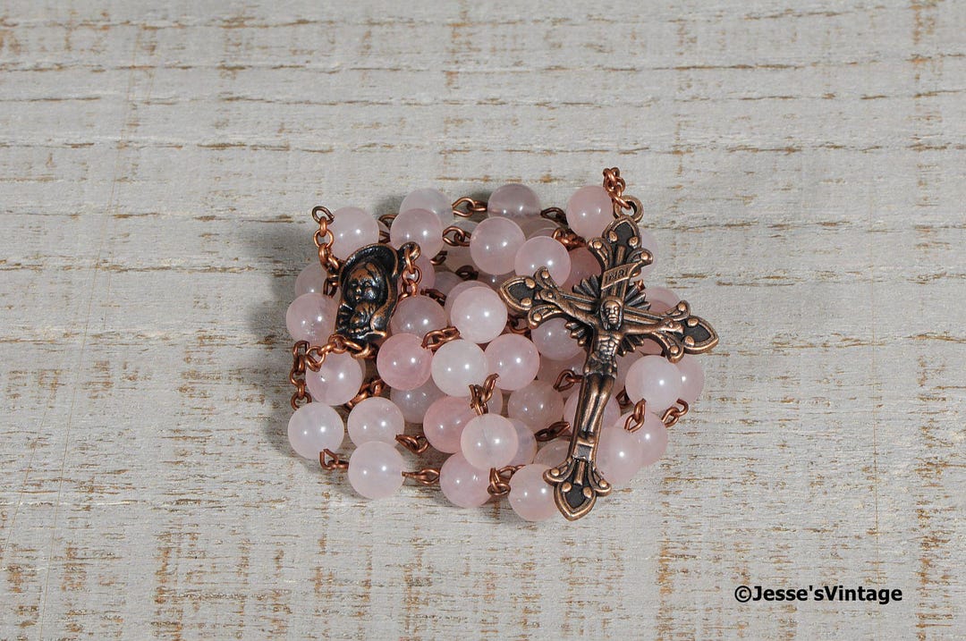 Pink Rose Quartz Catholic Rosary: Copper, Rustic Gemstone Beads - Etsy