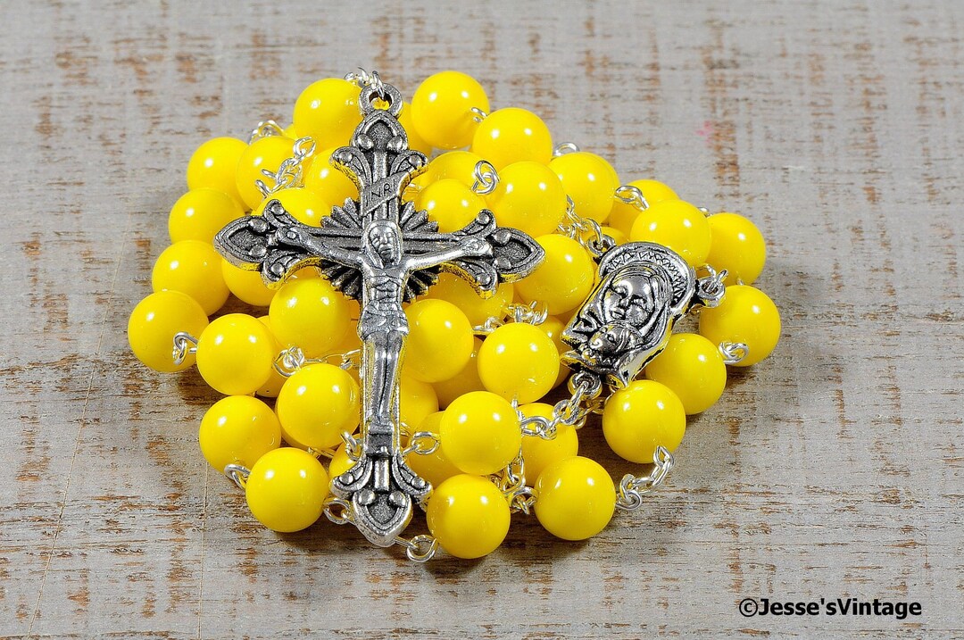 Yellow Catholic Rosary Beads Glass Silver Traditional Rustic Five ...