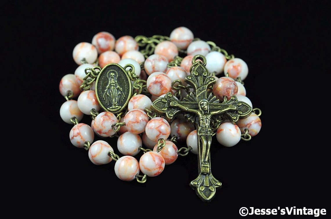 Catholic Rosary Beads Rustic White Marble Bronze Natural Stone - Etsy