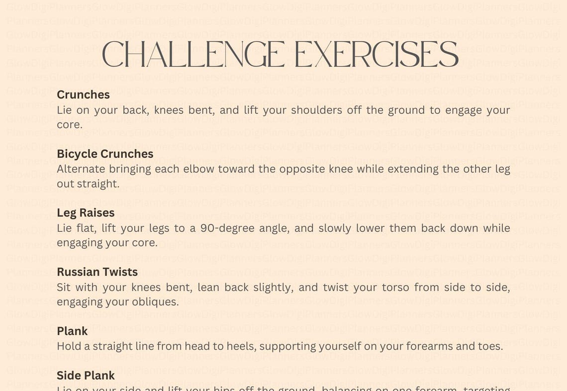7 Day Ab Workout Challenge | Printable Core Workout Plan | No Equipment ...