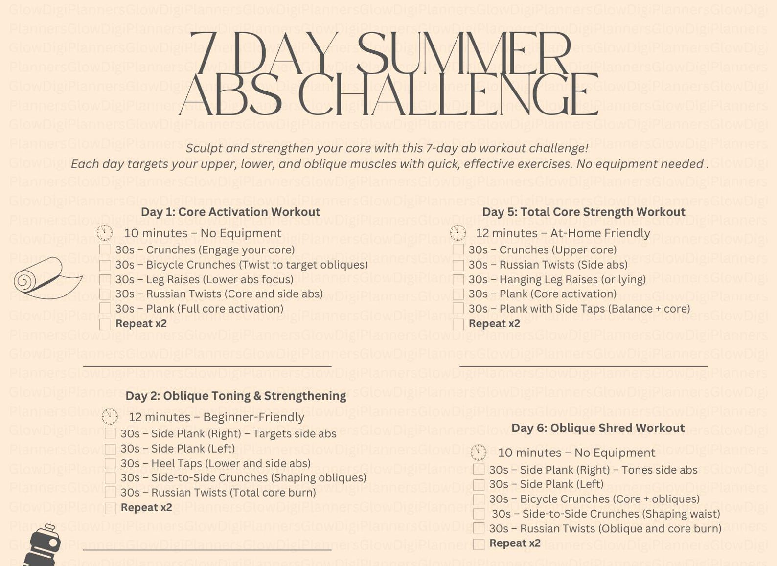 7 Day Ab Workout Challenge | Printable Core Workout Plan | No Equipment ...