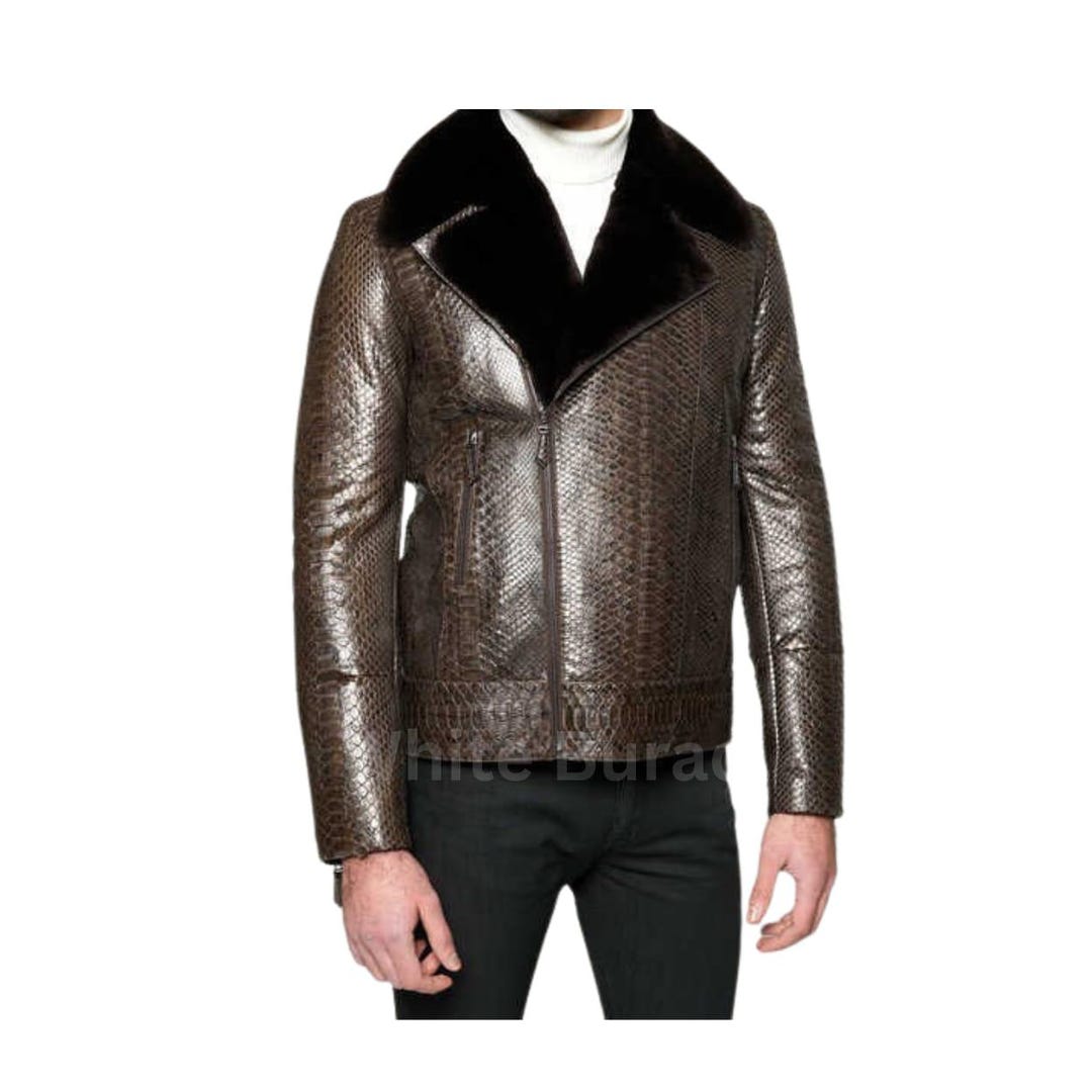 Customized Handmade Python Skin Biker Jacket With Mink Fur Collar ...
